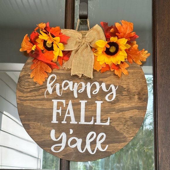 Accents | Happy Fall Yall Wood Door Hanging Sign With Fall Floral ...